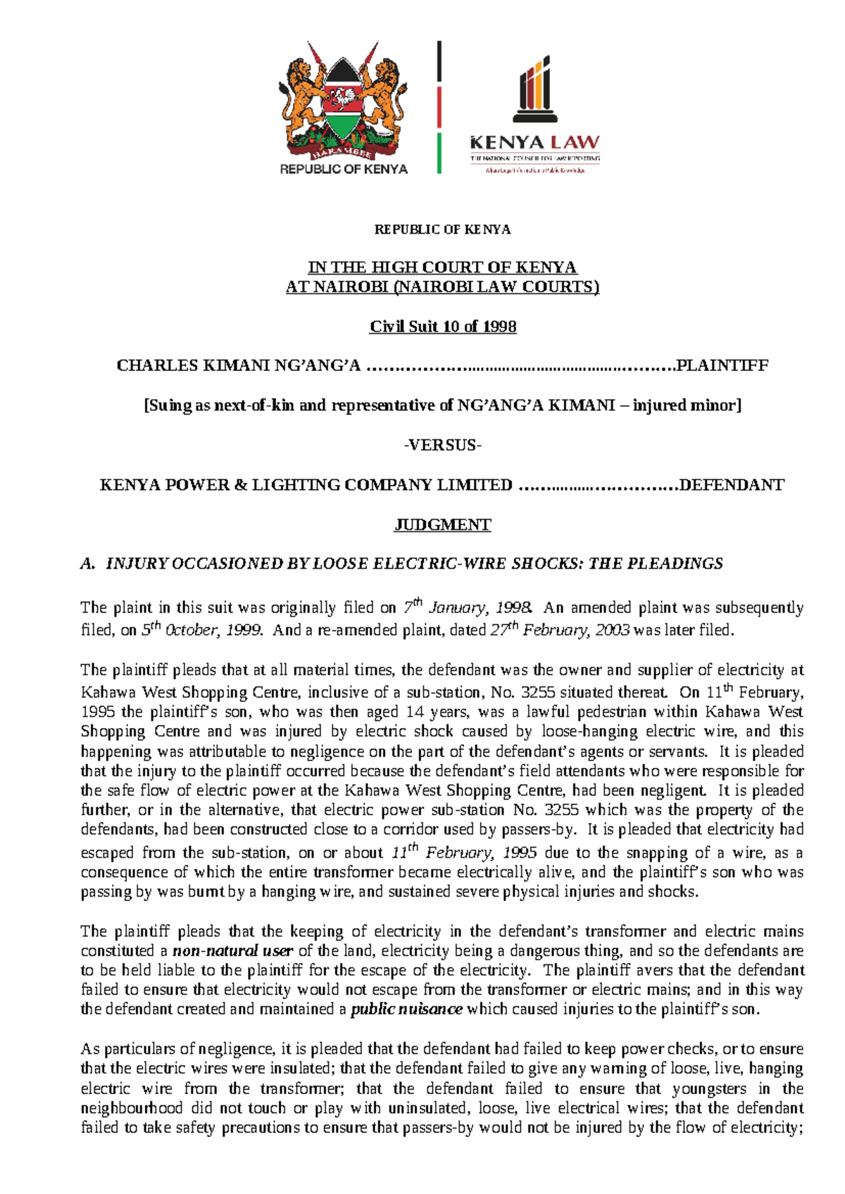 Charles Kimani Nganga V Kenya Power Lighting Company Limited (Civil Suit 10of1998) 2006 - Studocu