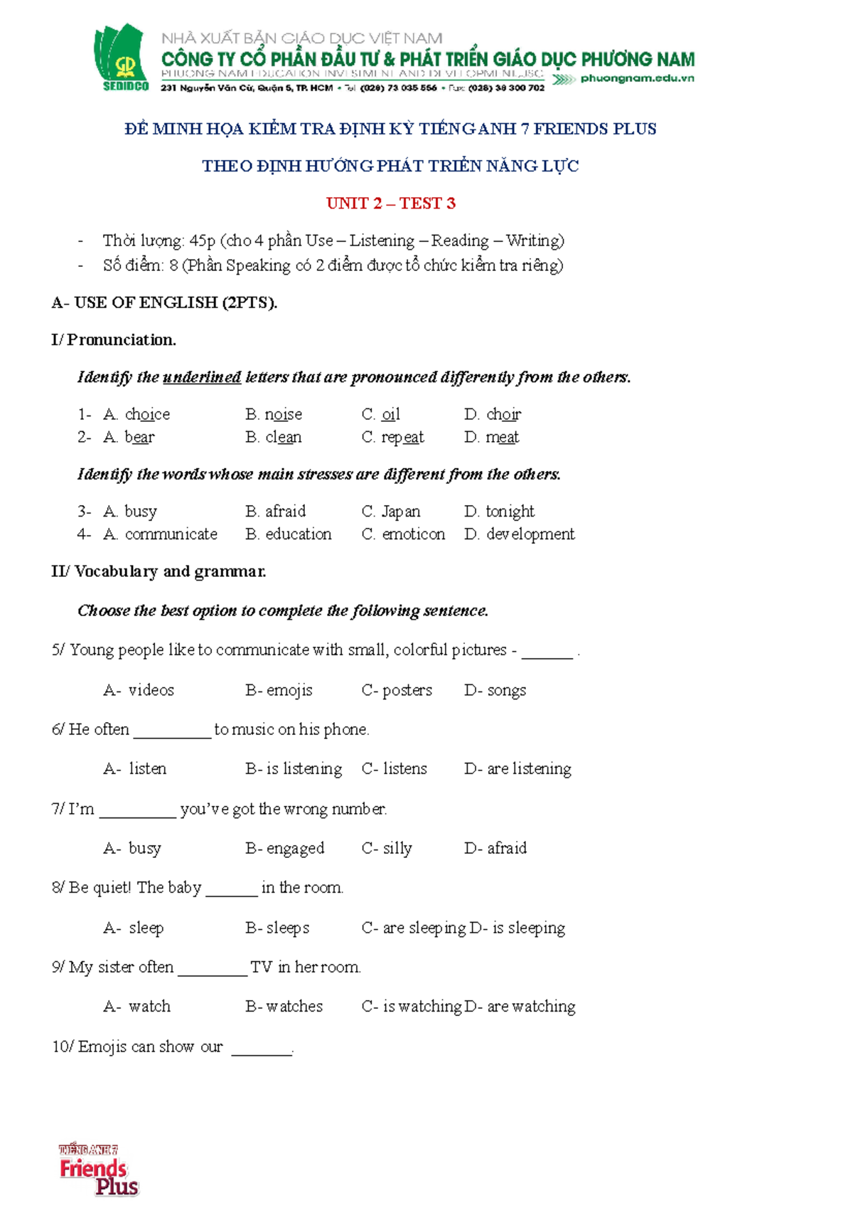 Tiếng anh 7 Friends Plus Unit 2 Test 3 - ĐỀ MINH HỌA KIỂM TRA ĐỊNH KỲ ...