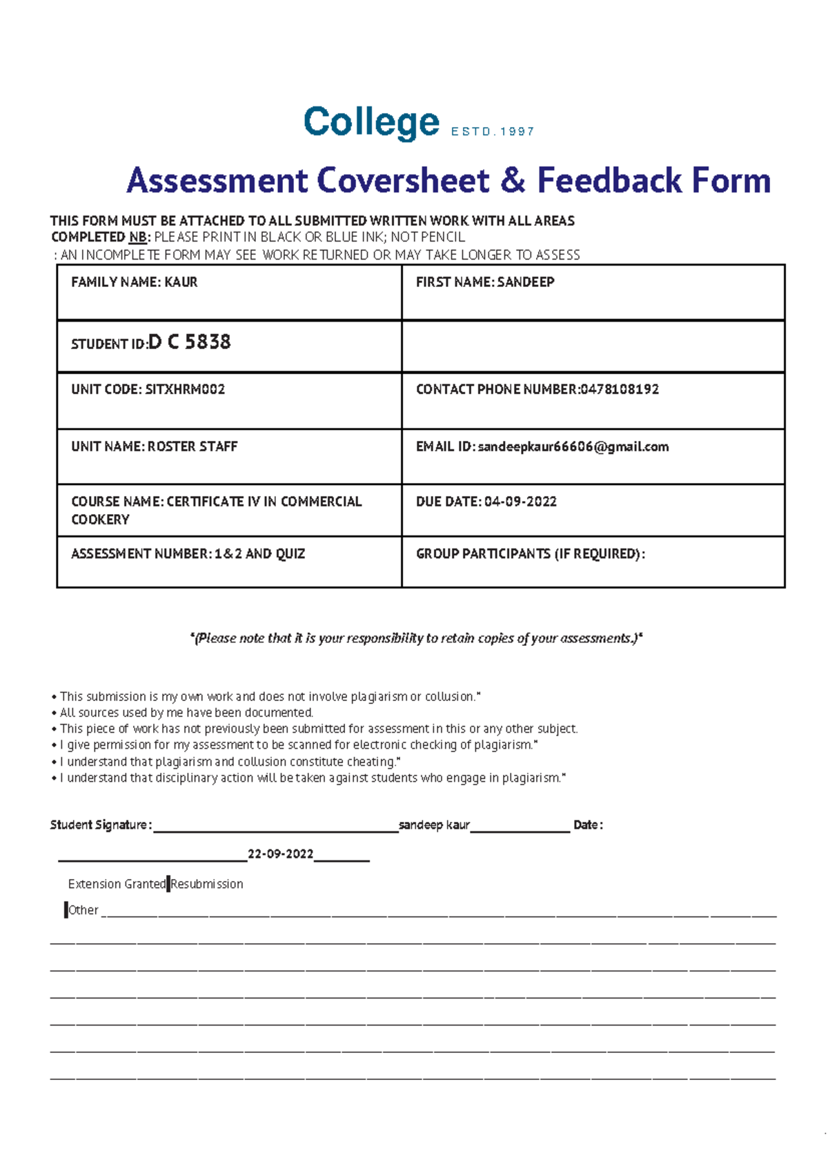 Roster staff completed - College E S T D. 1 9 9 7 Assessment Coversheet ...