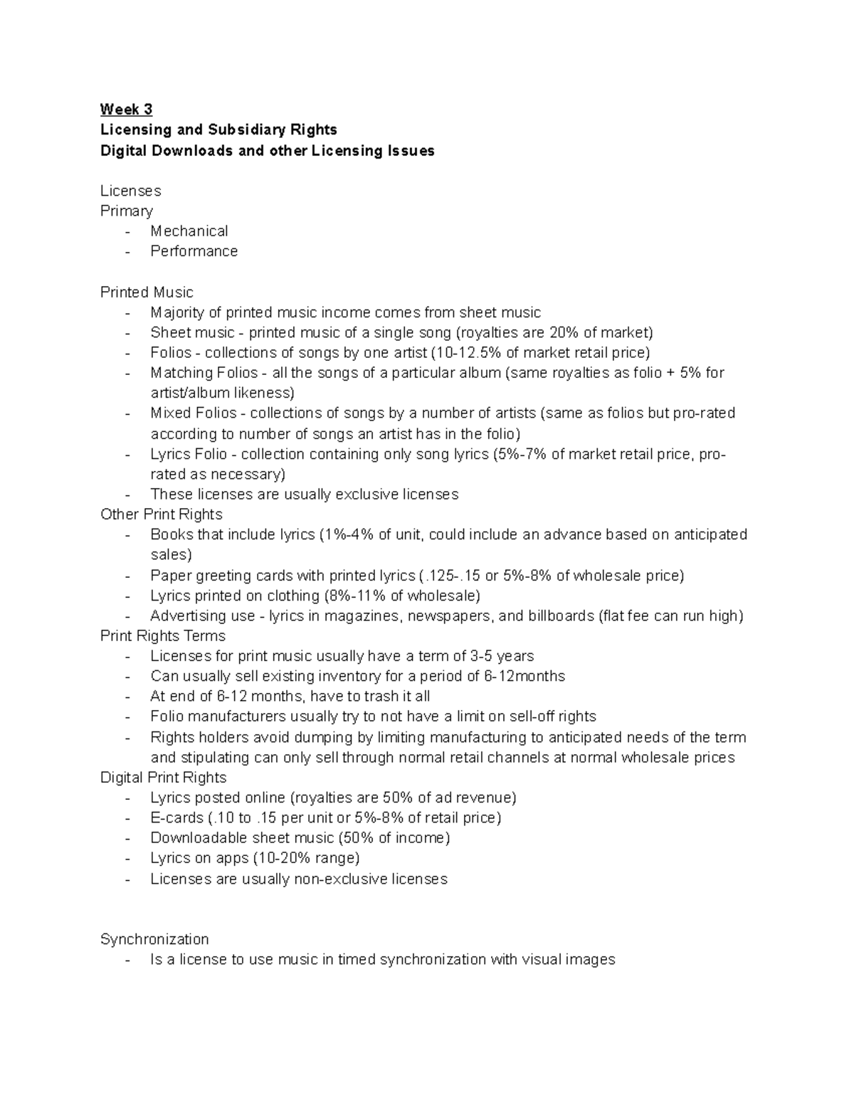 Week 3 - Licensing and Subsidiary Rights - Week 3 Licensing and ...