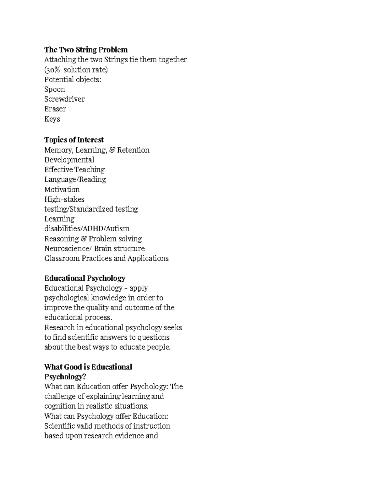 Intro notes - David Therriault - The Two String Problem Attaching the ...