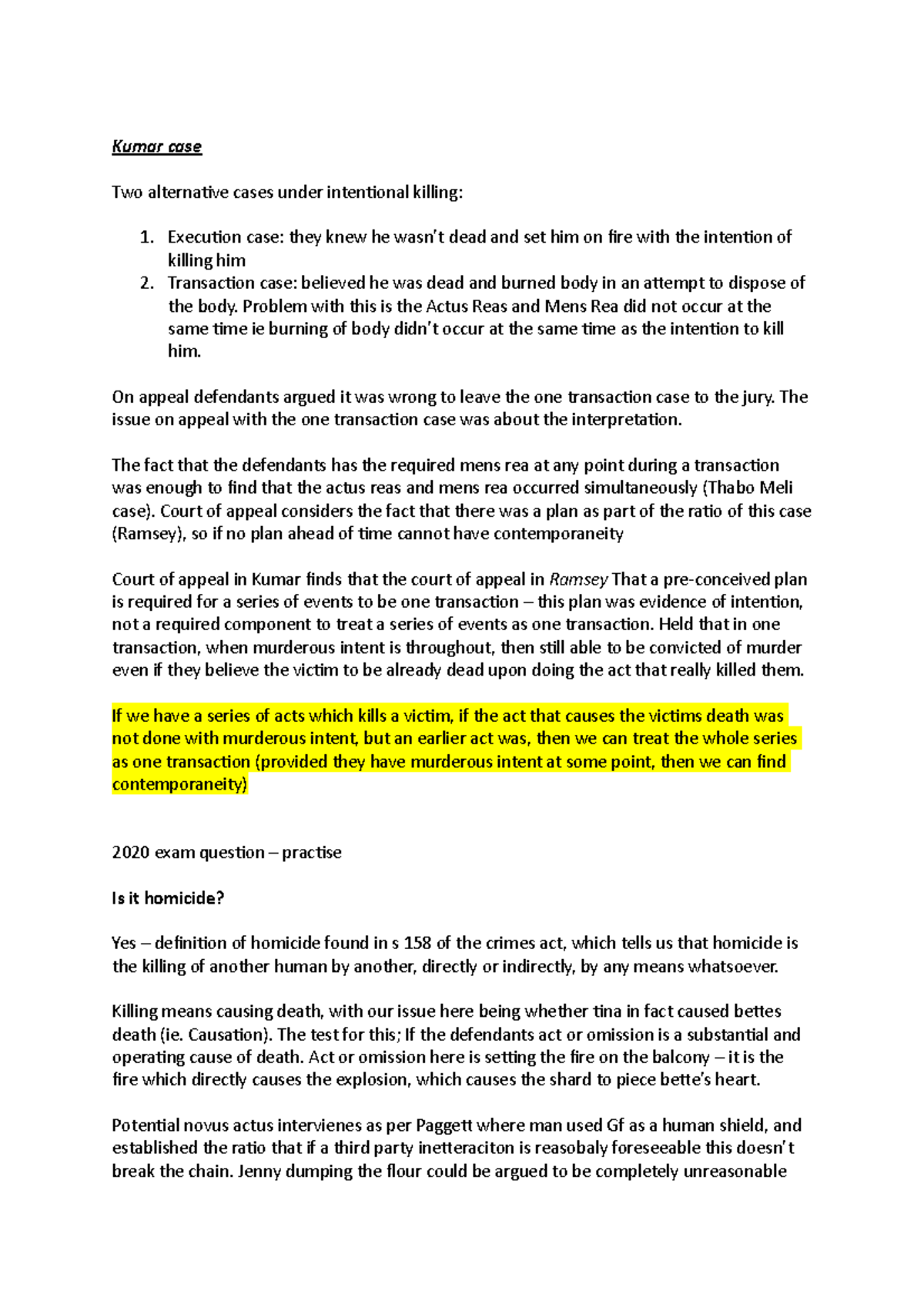 Cirminal law lecture 20 - Kumar case Two alternative cases under ...