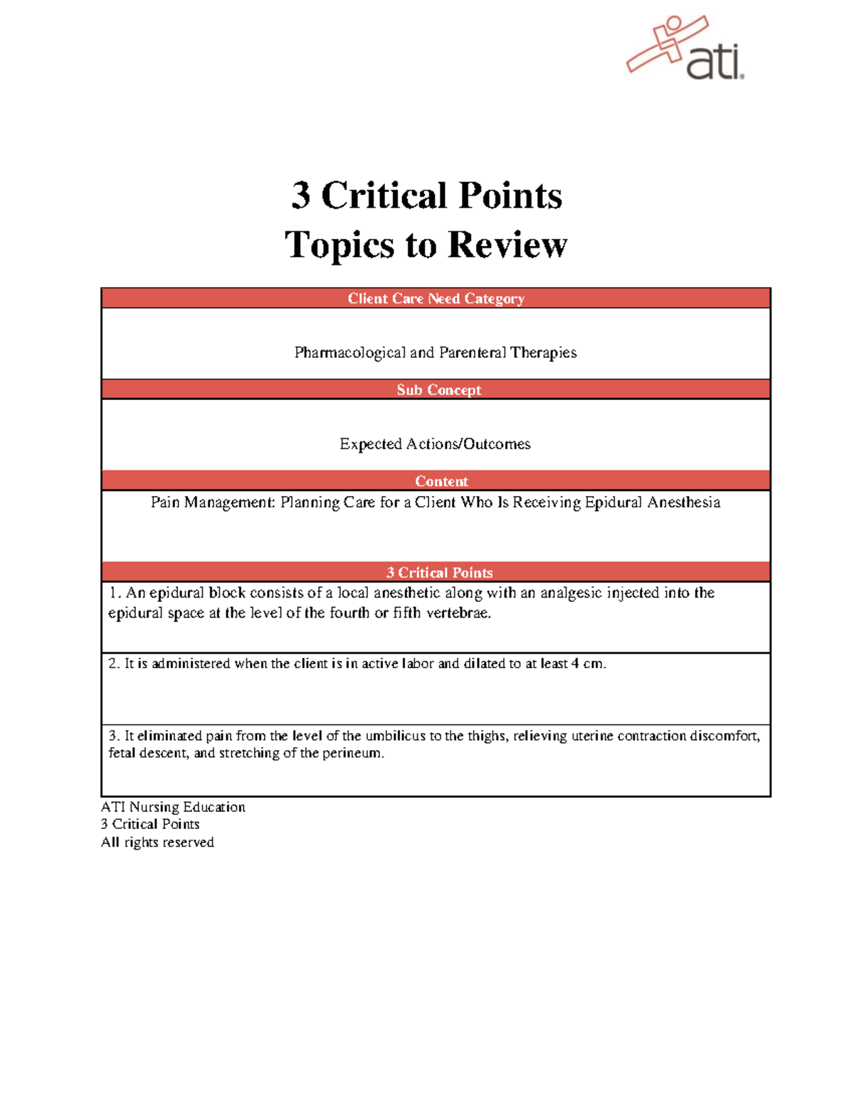 3-critical-points-worksheet - Pain Management Epidural - Studocu