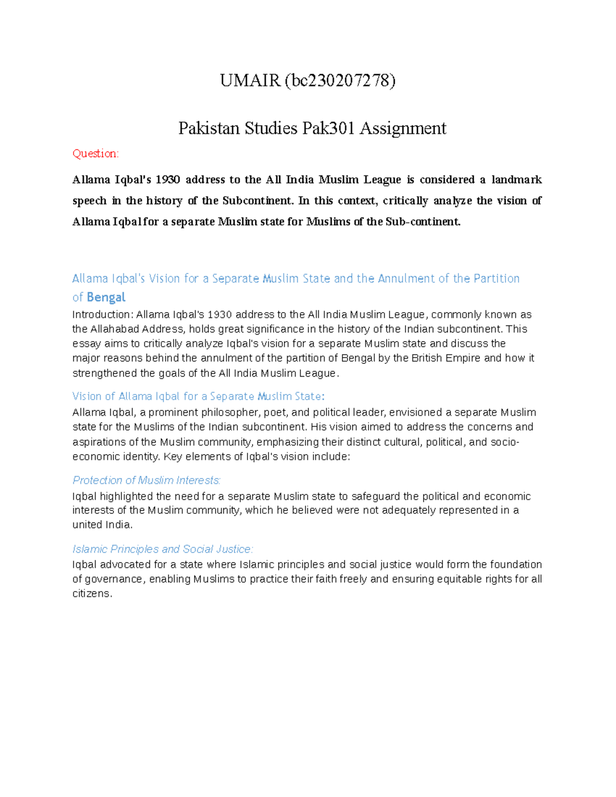 Spring 2023 PAK301 1 BC230207278 - Question: UMAIR (bc230207278 ...