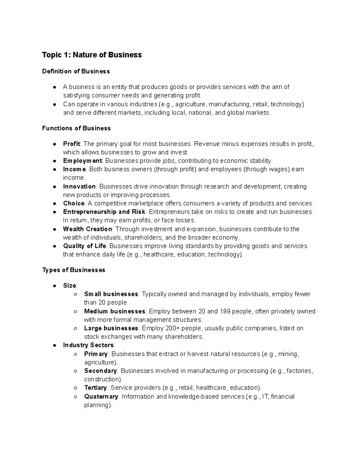 First two business studies topics - Topic 1: Nature of Business ...