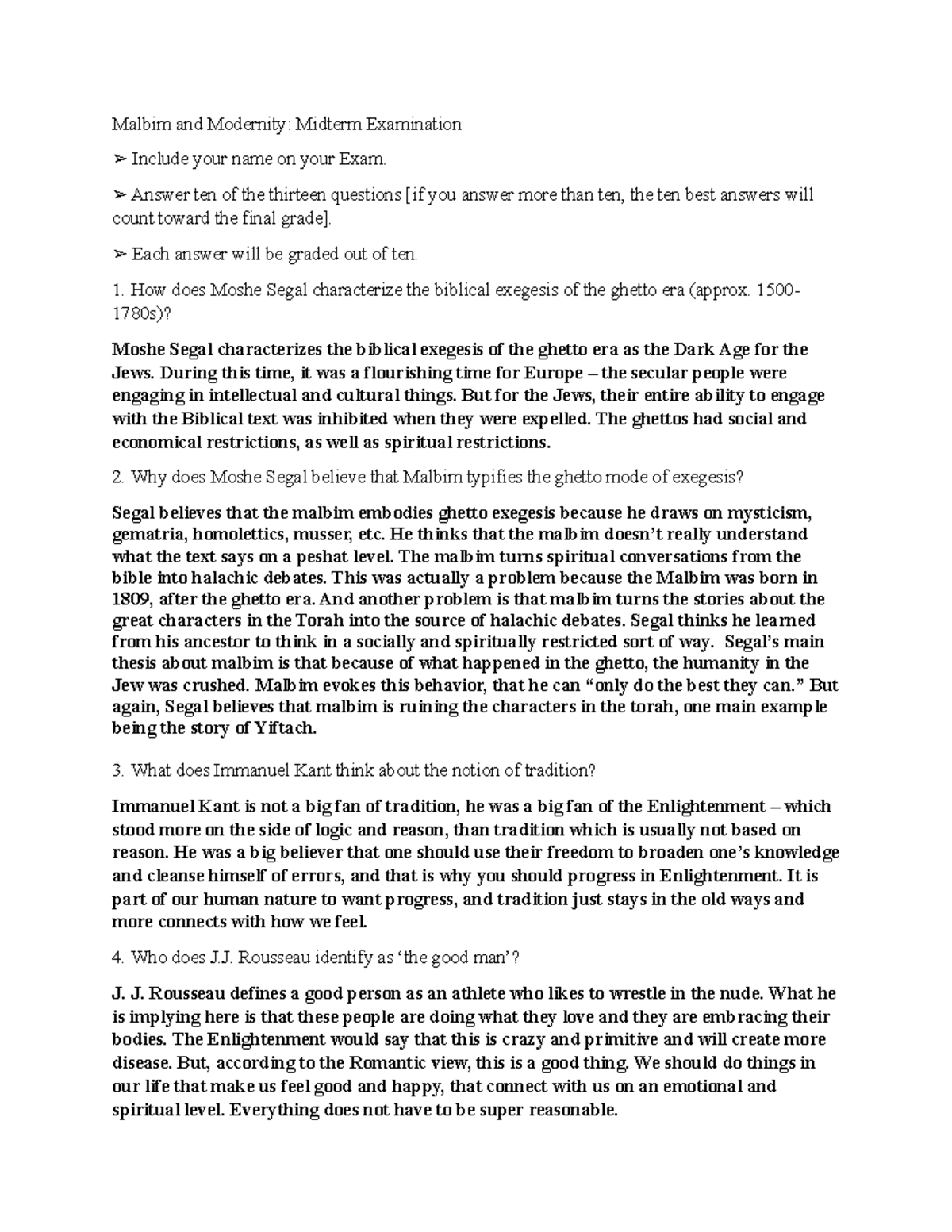 Malbim and Modernity MIdterm - Answer ten of the thirteen questions [if ...