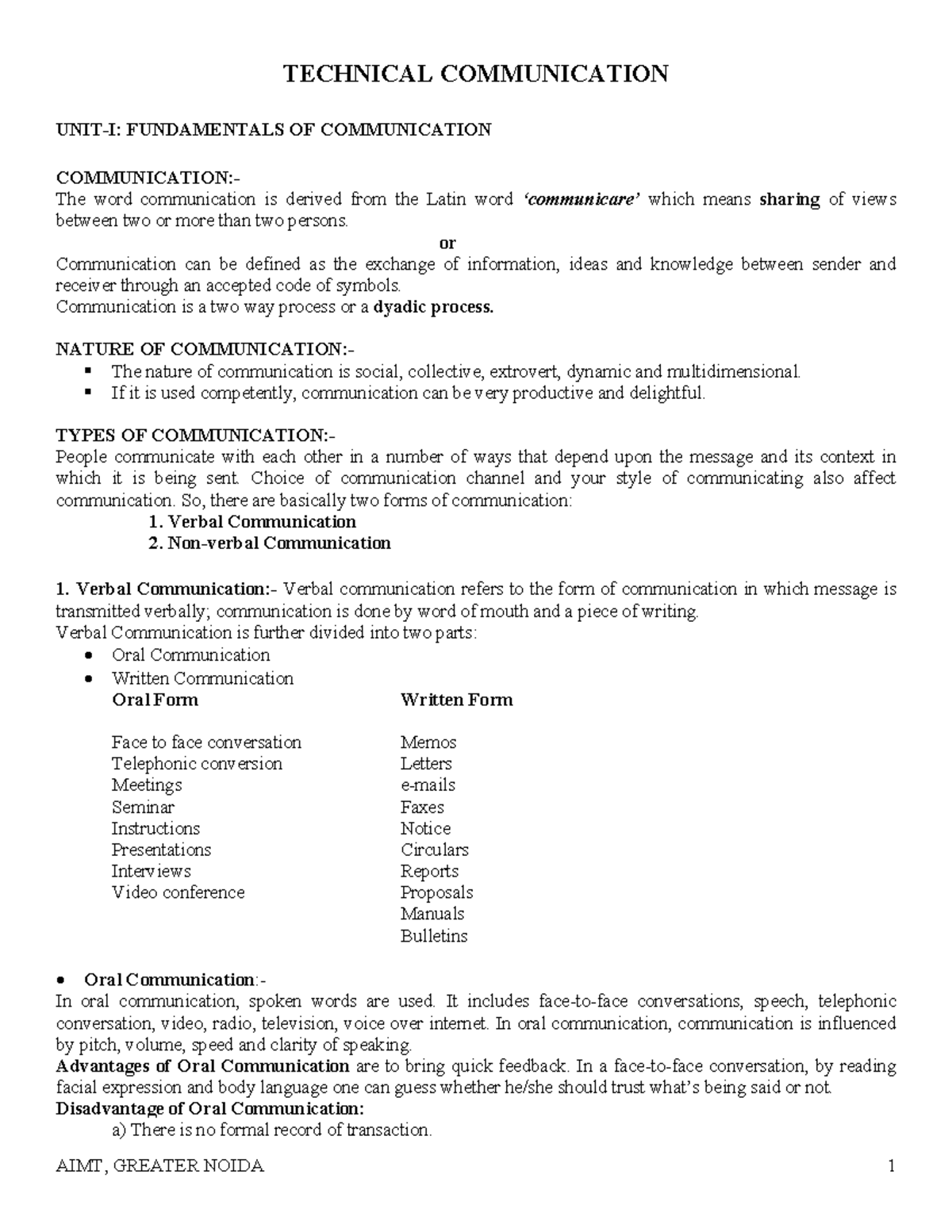 Technical Communication unit 1 - TECHNICAL COMMUNICATION UNIT-I: FUNDAMENTALS OF COMMUNICATION ...