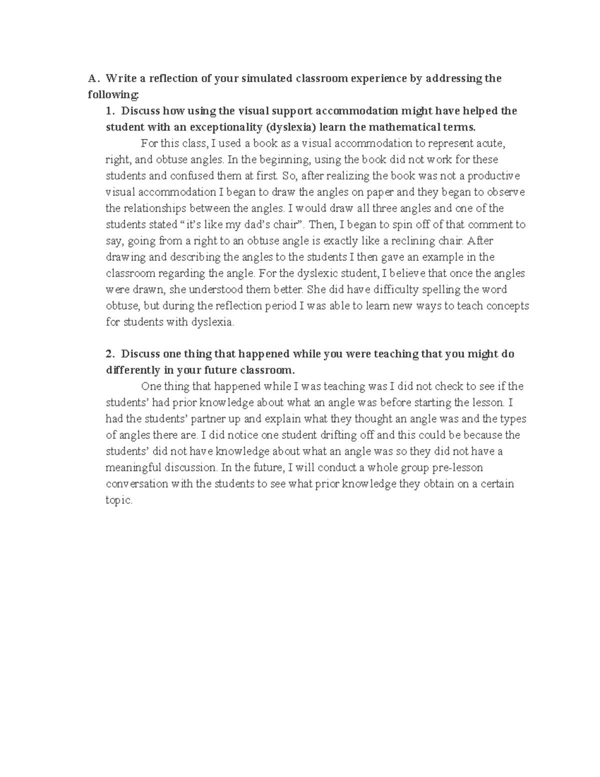 Task 2 Diverse Learners - A. Write a reflection of your simulated ...