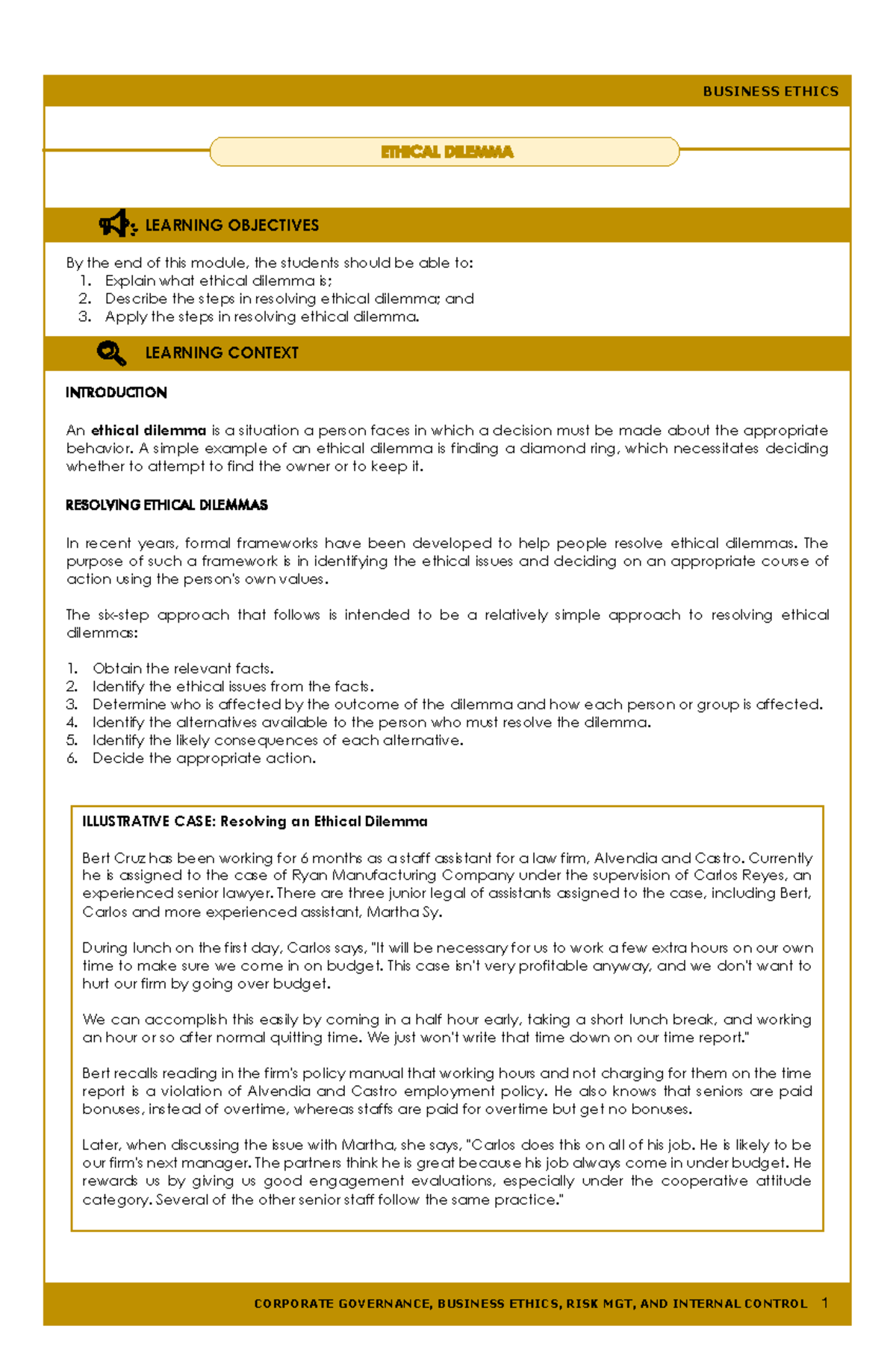 Ethical-Dilemma - CORPORATE GOVERNANCE, BUSINESS ETHICS, RISK MGT, AND ...