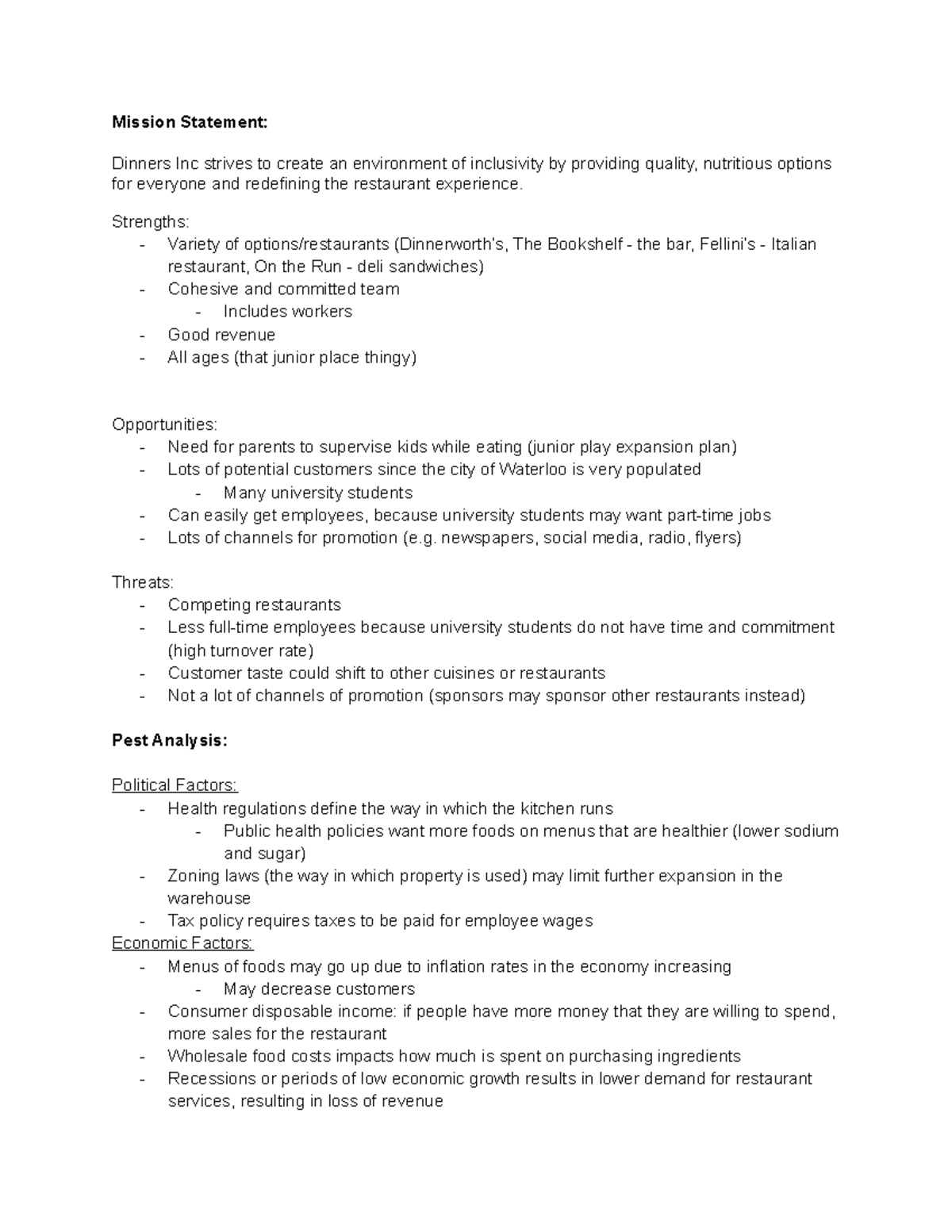 Dinners Inc. Case Study - Mission Statement: Dinners Inc strives to ...