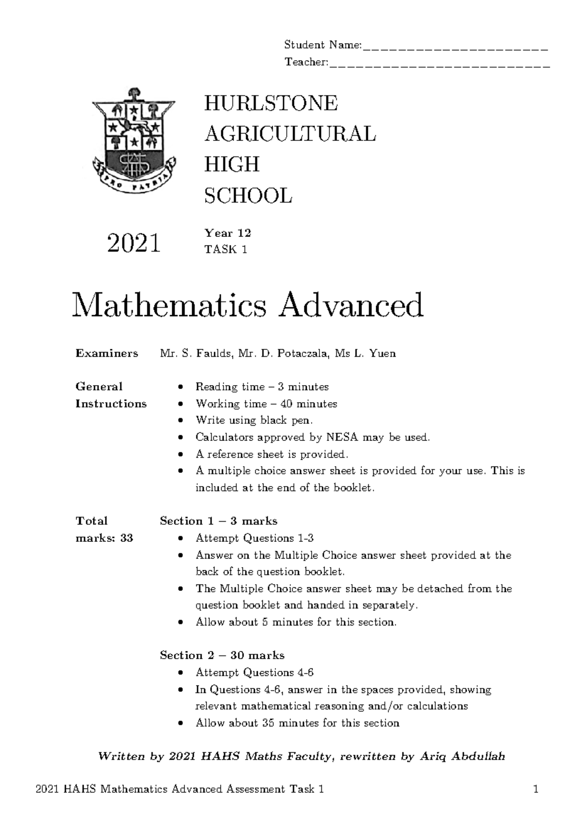 Hurlstone 2021 Assessment Task 1 - 2021 HAHS Mathematics Advanced ...