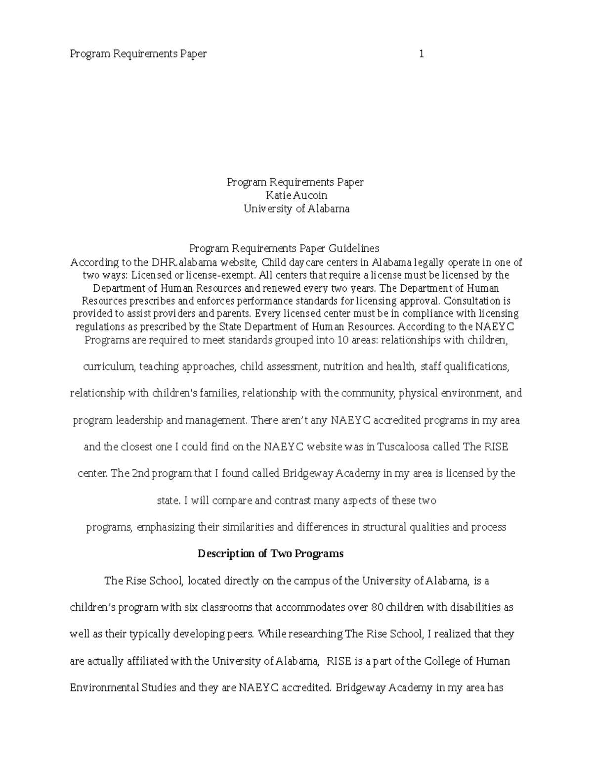 Aucoin Katie Program Requirements paper - Program Requirements Paper 1 ...