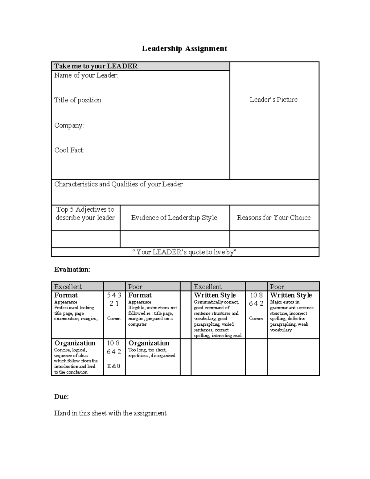Famous Leader - Grade: 12 - Leadership Assignment Evaluation: Due: Hand ...