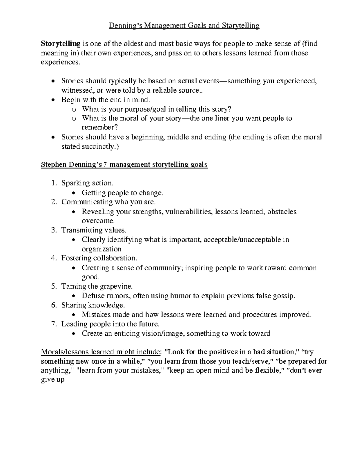 Dennings Management Goals and Storytelling Handout - Denning’s ...