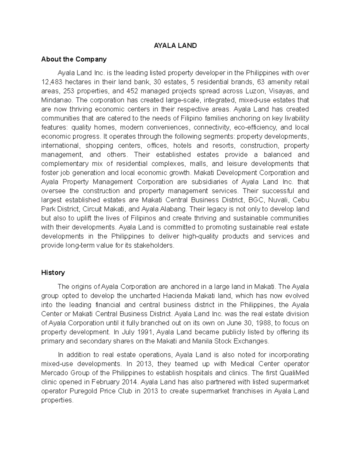 Ayala Land About History - AYALA LAND About the Company Ayala Land Inc ...