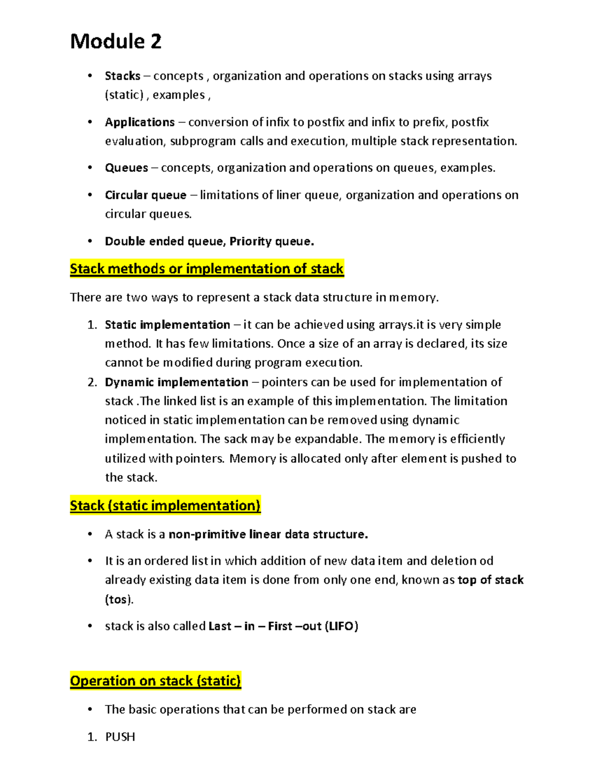 Data structure module 2 - Module 2 Stacks – concepts , organization and ...