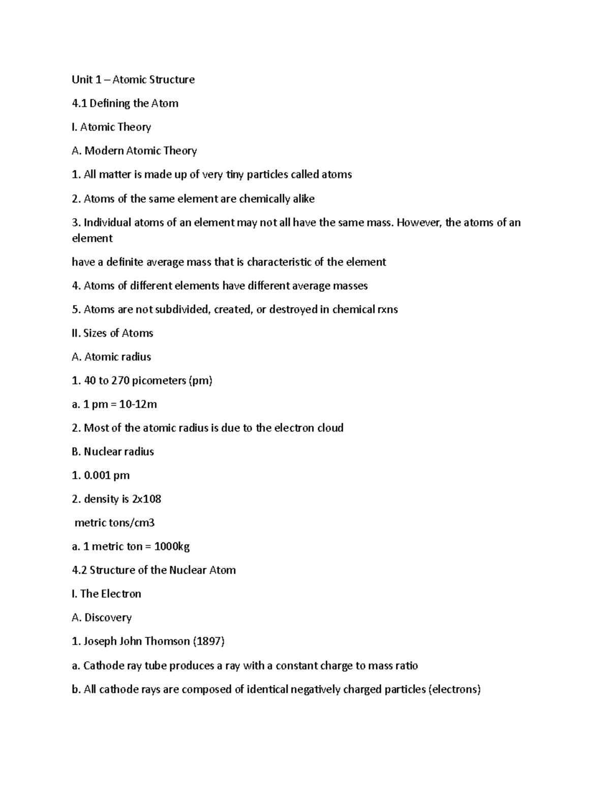 Chemistry- Atomic Structure - Unit 1 – Atomic Structure 4 Defining the ...