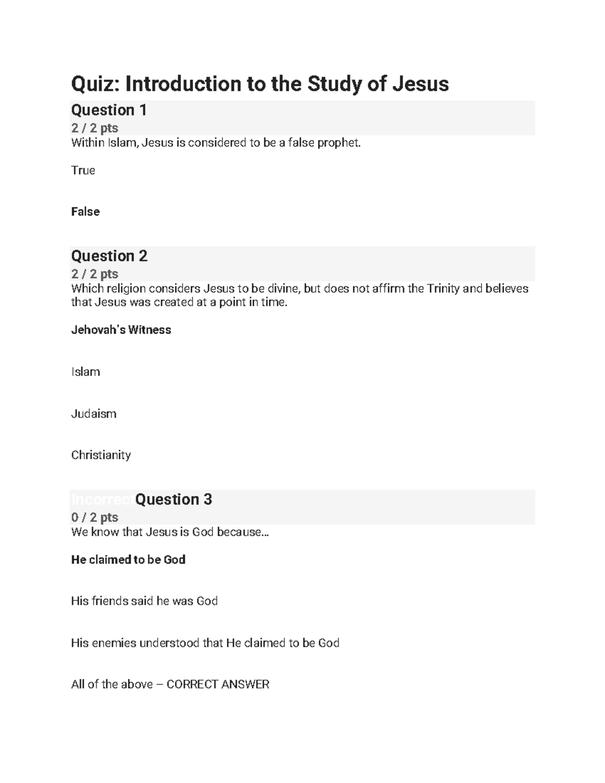 Quiz- Introduction to the Study of Jesus - Quiz: Introduction to the ...