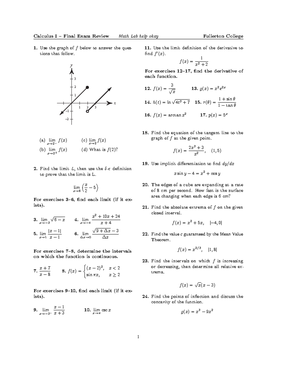 Math151-final-revghhh - Calculus I – Final Exam Review Math Lab help ...