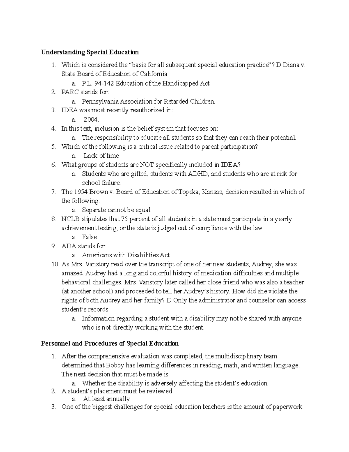 Special Education Notes - Understanding Special Education 1. Which is ...