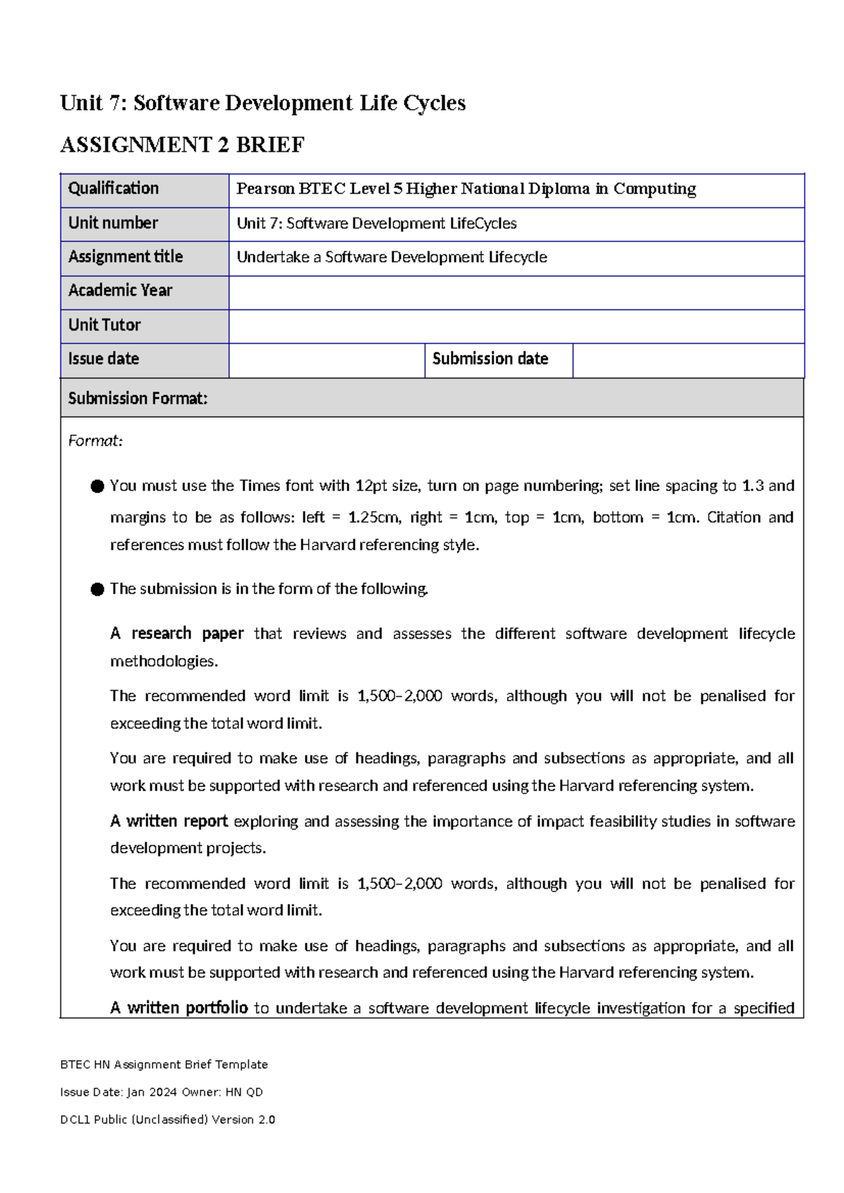 Unit 7.Assignment brief 2 - Unit 7: Software Development Life Cycles ASSIGNMENT 2 BRIEF - Studocu