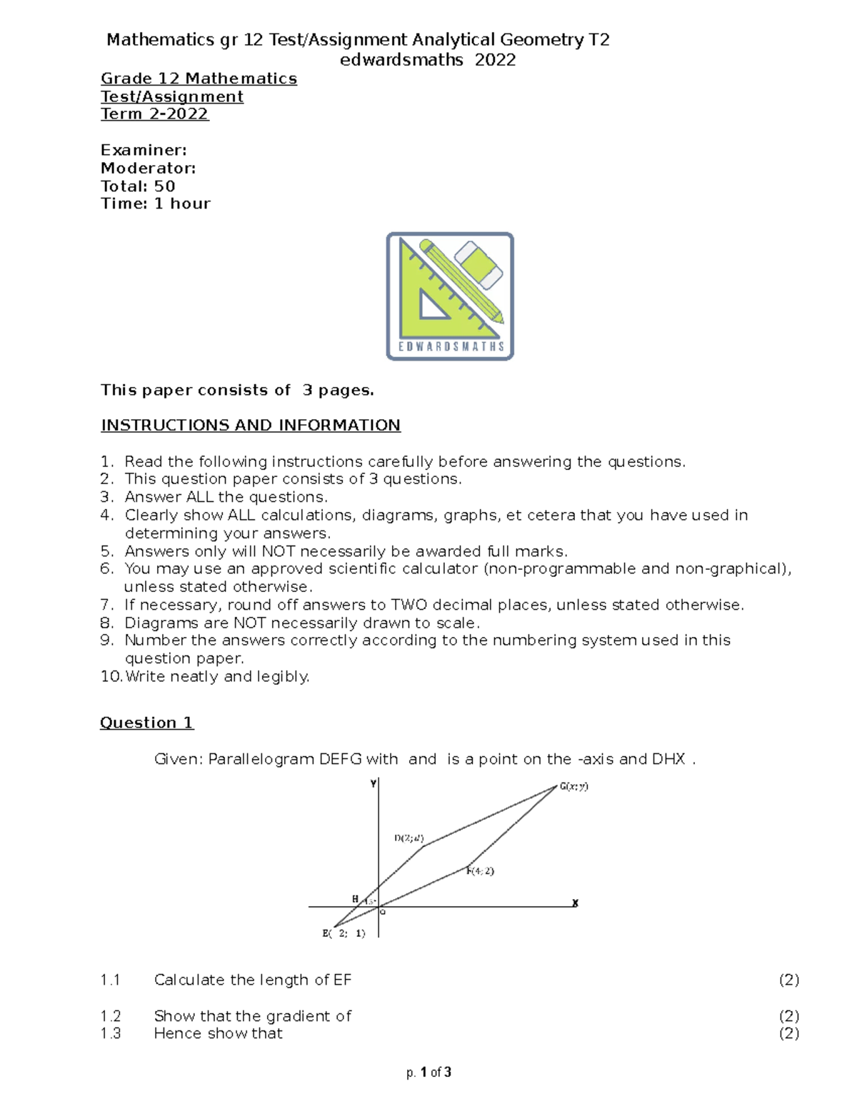 Gr 12 Edwardsmaths Test or Assignment Analytical Geometry T2 2022 Eng ...