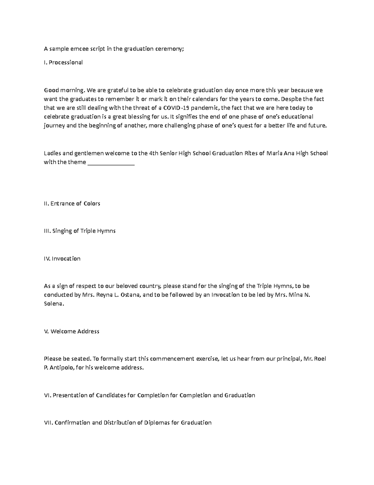 A sample emcee script in the graduation ceremony - Processional Good ...