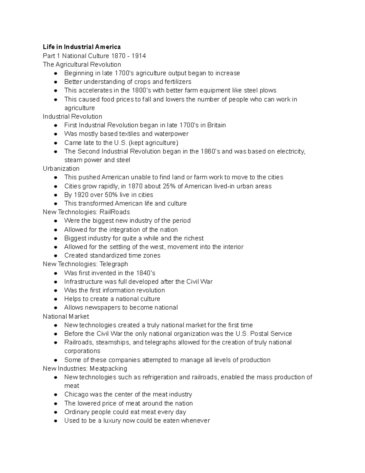 HIST 2620 Life in Industrial America Pt 1 Notes - Life in Industrial ...