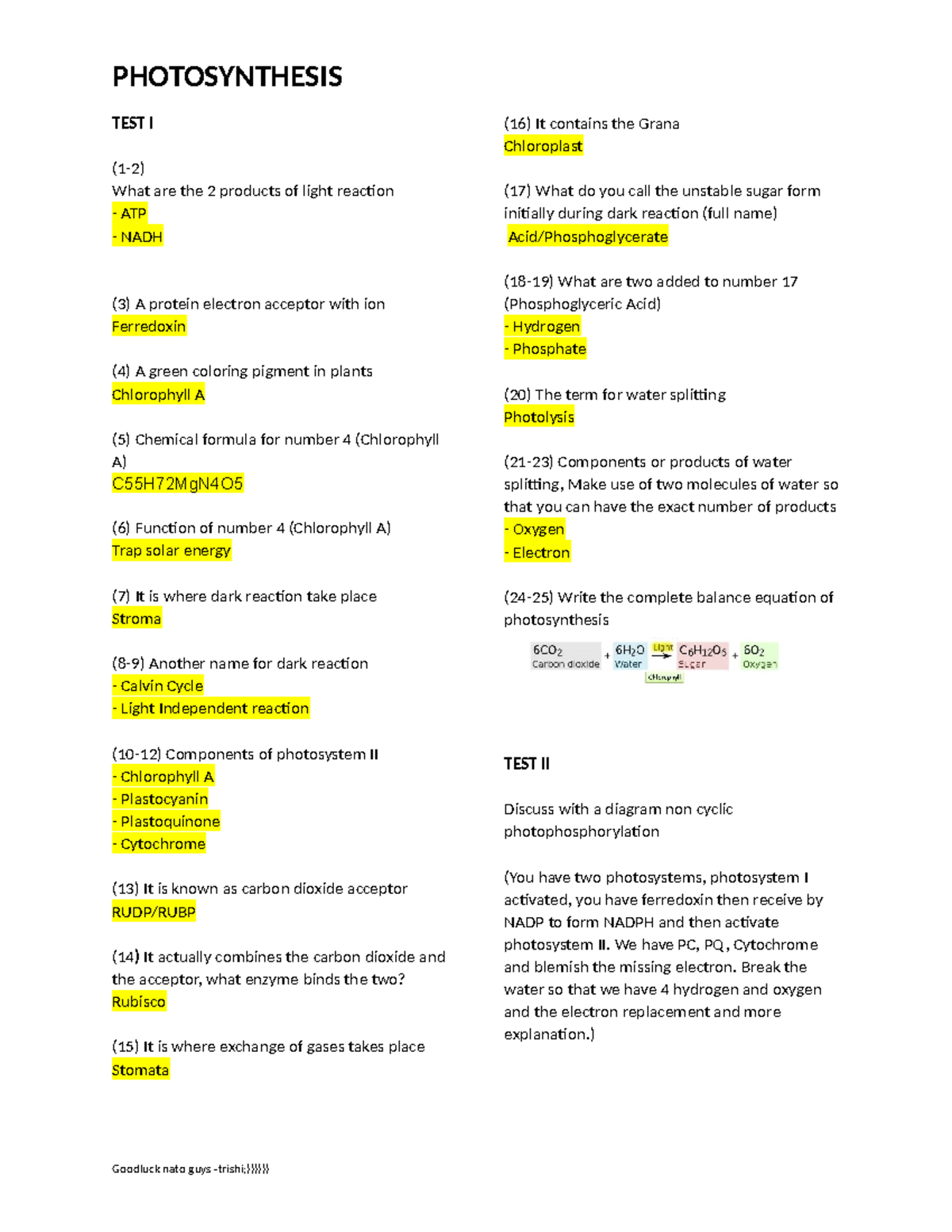 Photo-QUIZ- Reviewer - PHOTOSYNTHESIS TEST I (1-2) What are the 2 ...