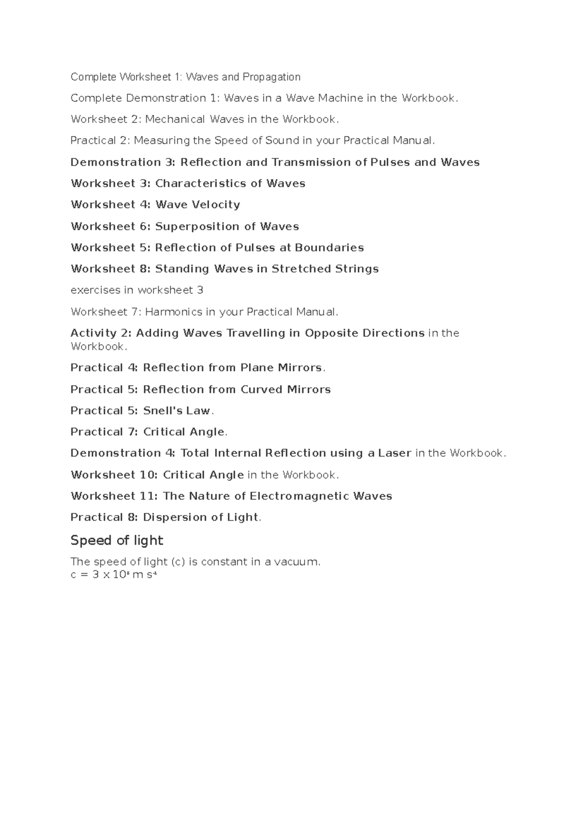 Waves and light - Complete Worksheet 1: Waves and Propagation Complete ...