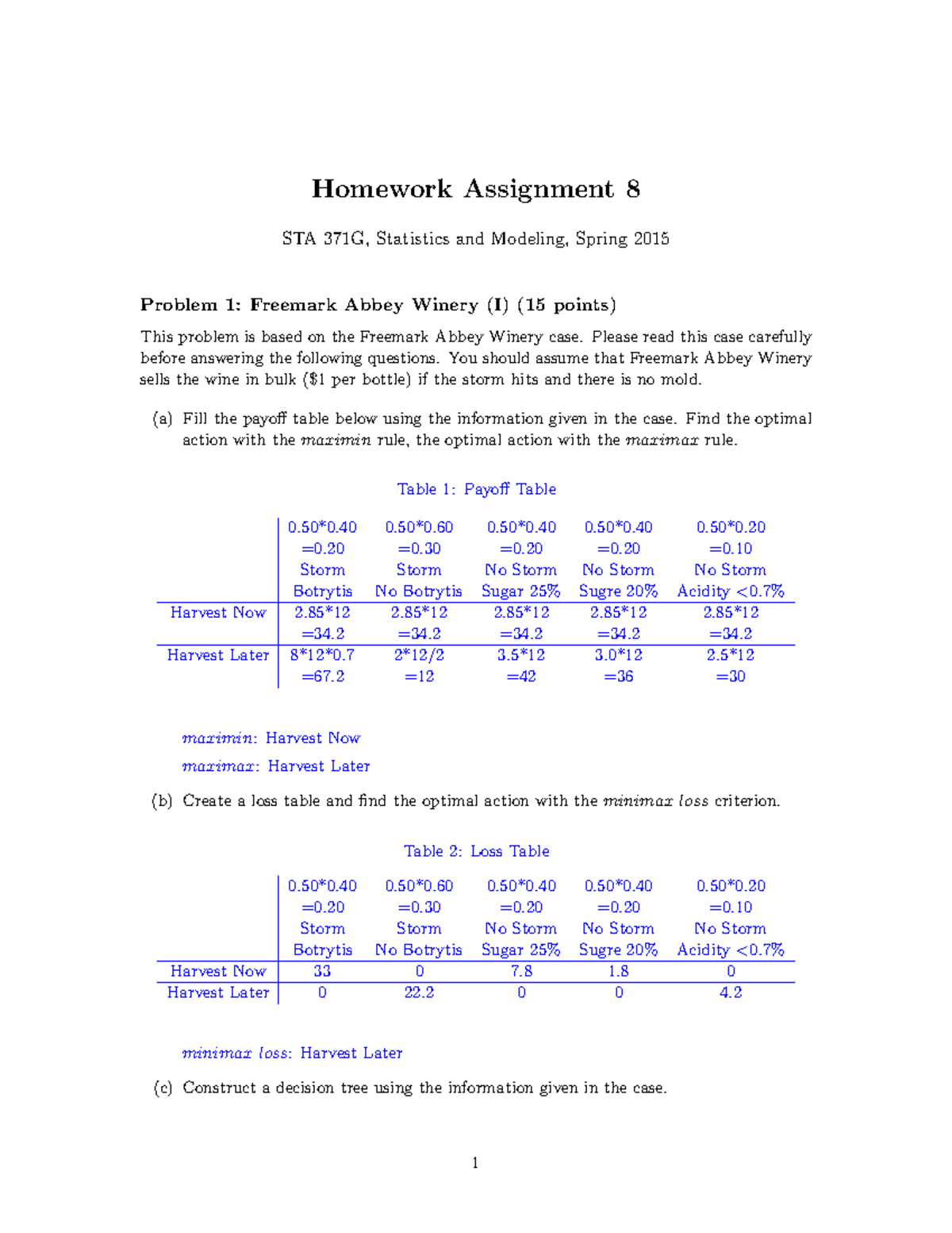Homework Assignment 8 STA 371G Statistics and Modeling Spring 2015 ...