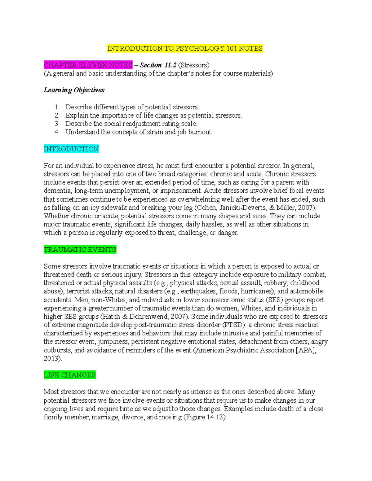 Introduction TO Psychology 101 Notes Chapter Eleven Part Two ...