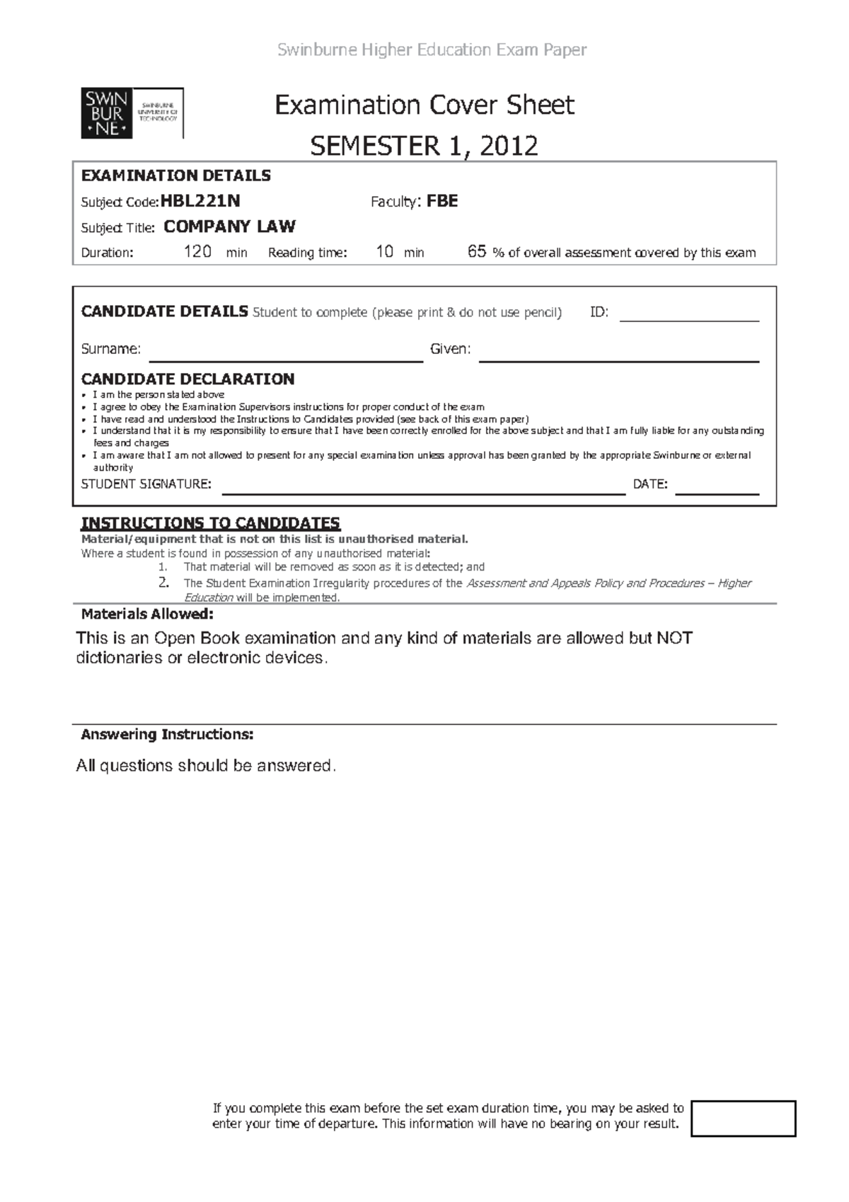 Exam 2012, questions - Semester 1 - Swinburne Higher Education Exam ...