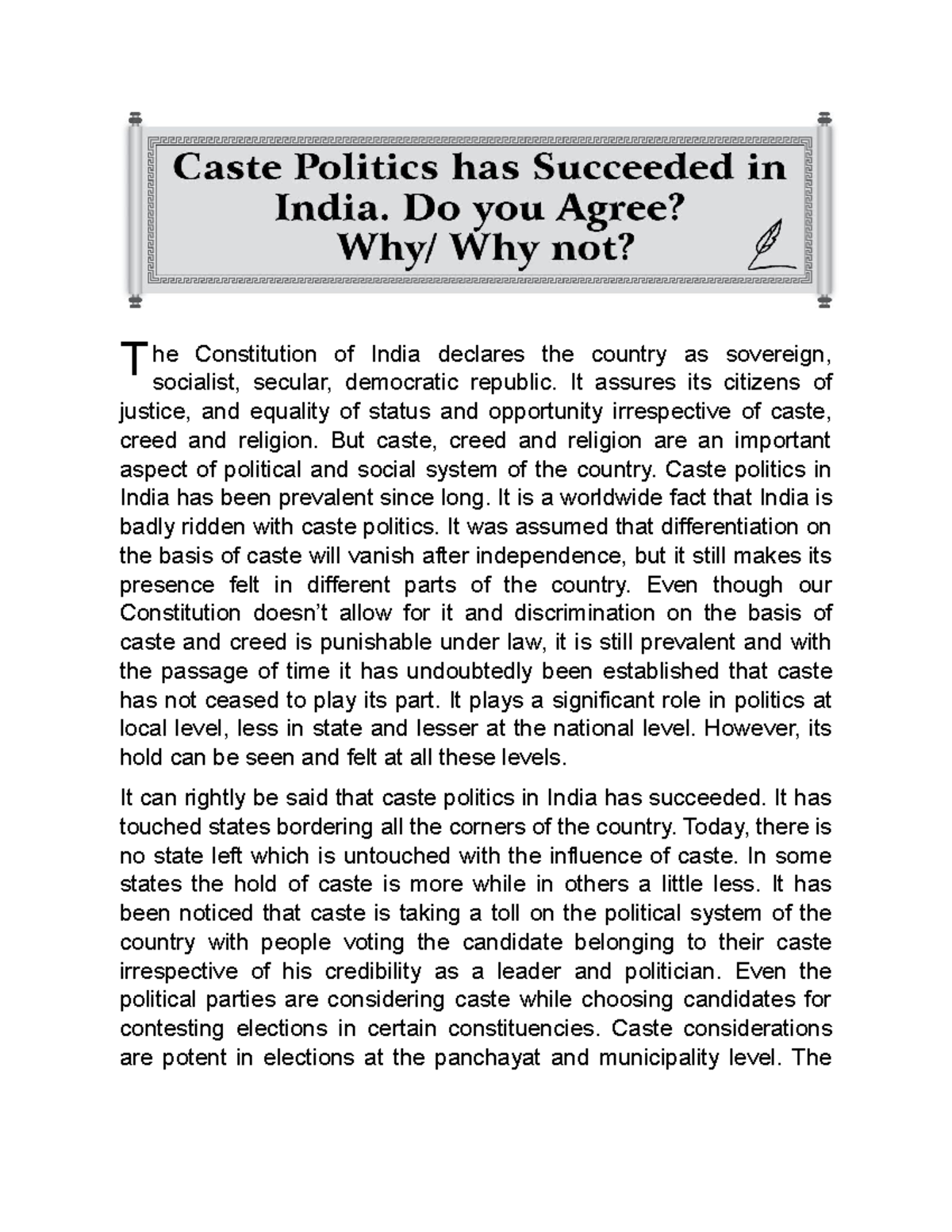 Essay -Caste politics has succeeded in India. - The Constitution of ...