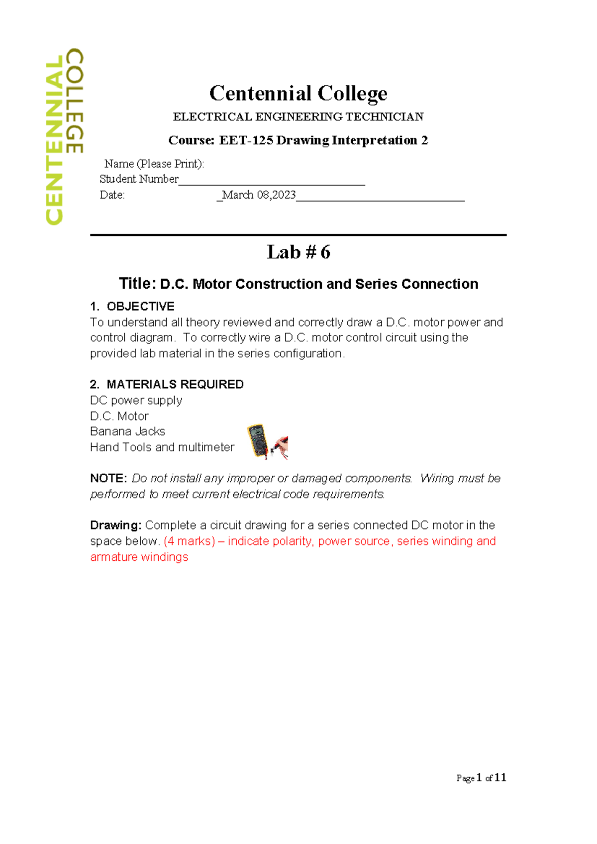 Lab 6 - Centennial College ELECTRICAL ENGINEERING TECHNICIAN Course: EET-125 Drawing ...