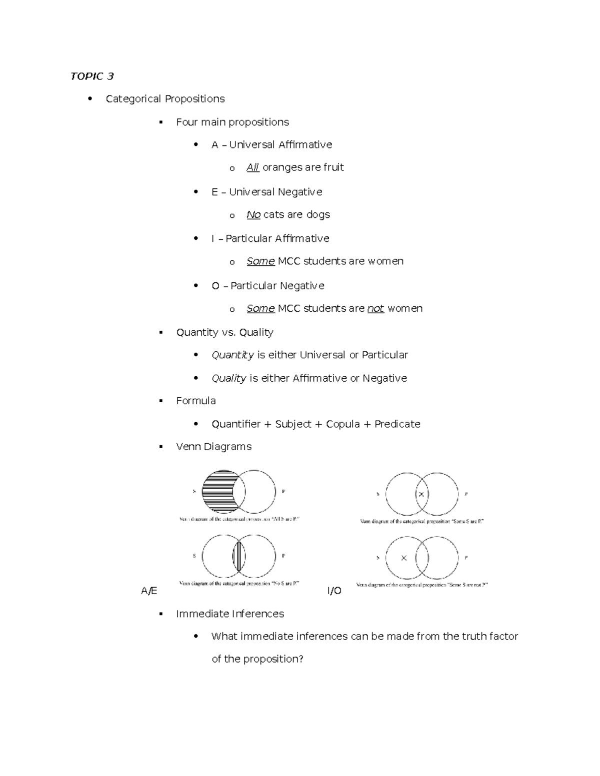 PHI155 Notes V2 - TOPIC 3 Categorical Propositions Four main ...