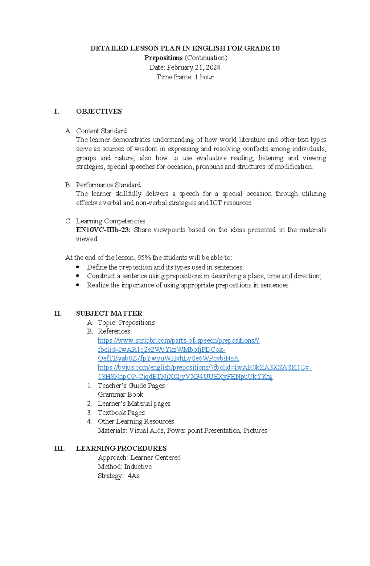 English 10 Lesson 4 Prepositions (02-21-24) - DETAILED LESSON PLAN IN ...