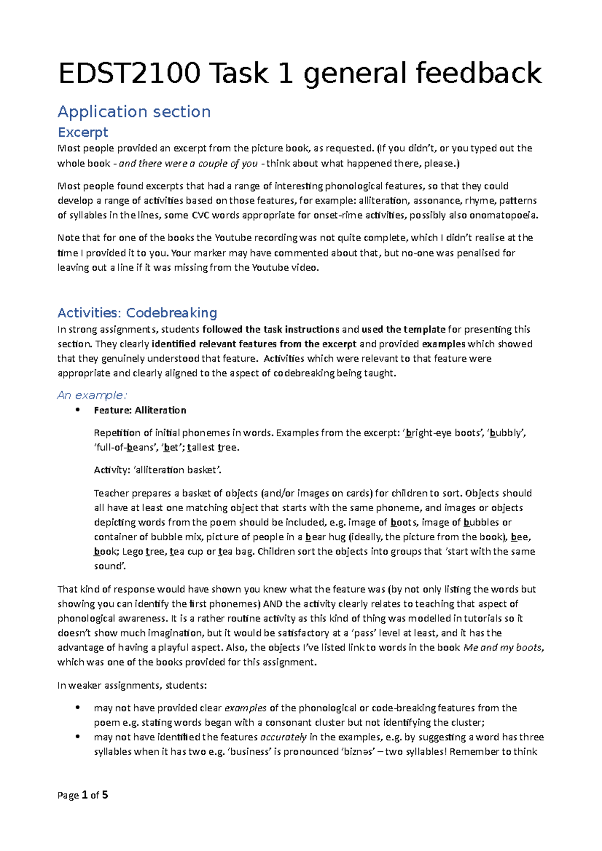 EDST2100 Task 1 general feedback 2023 - EDST2100 Task 1 general feedback Application section ...