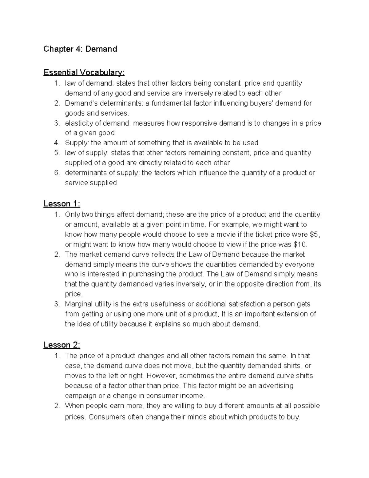 Ch.4 & 5 Econ - Lecture notes 4-5 - Chapter 4: Demand Essential ...