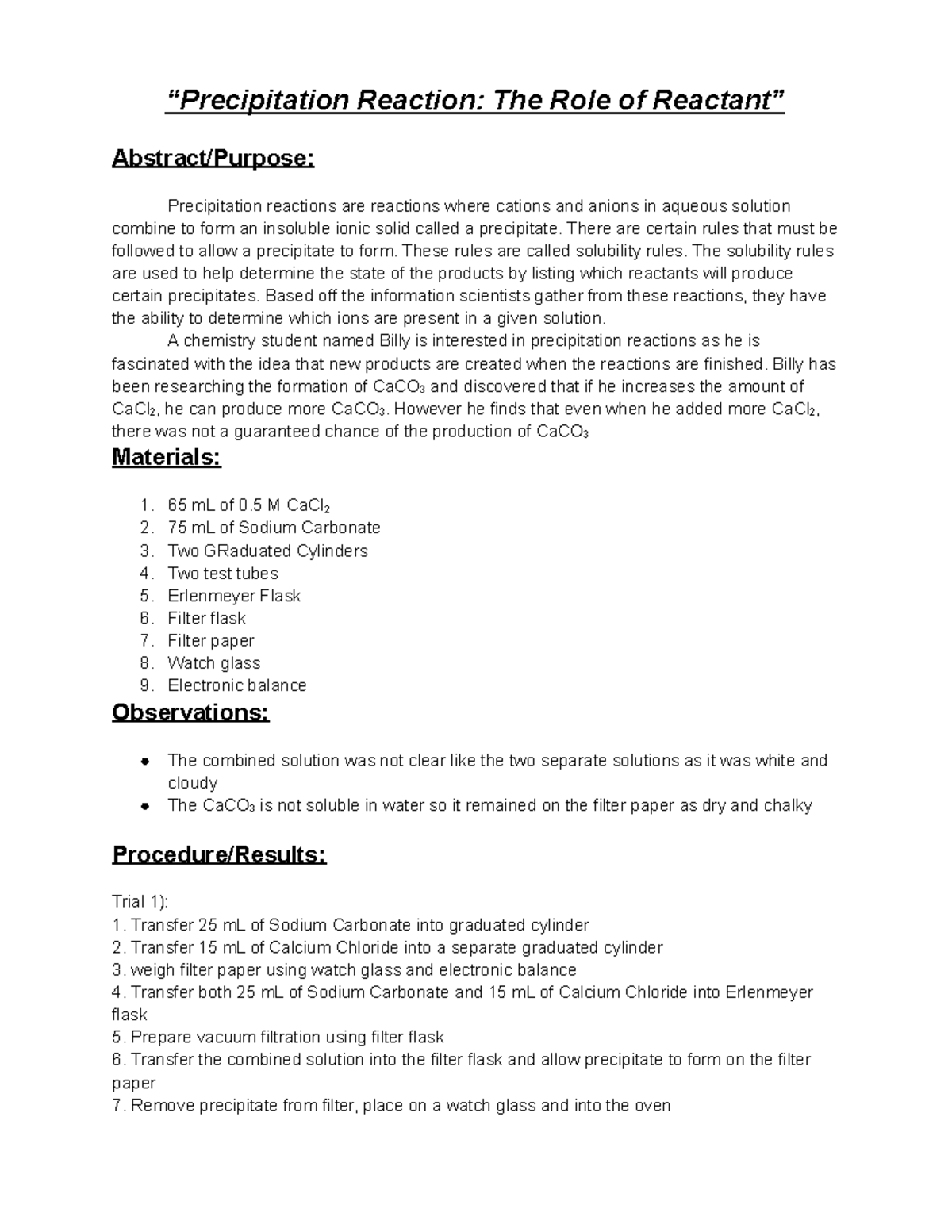 Copy of Precipitation Reaction The Role of Reactant - “Precipitation ...