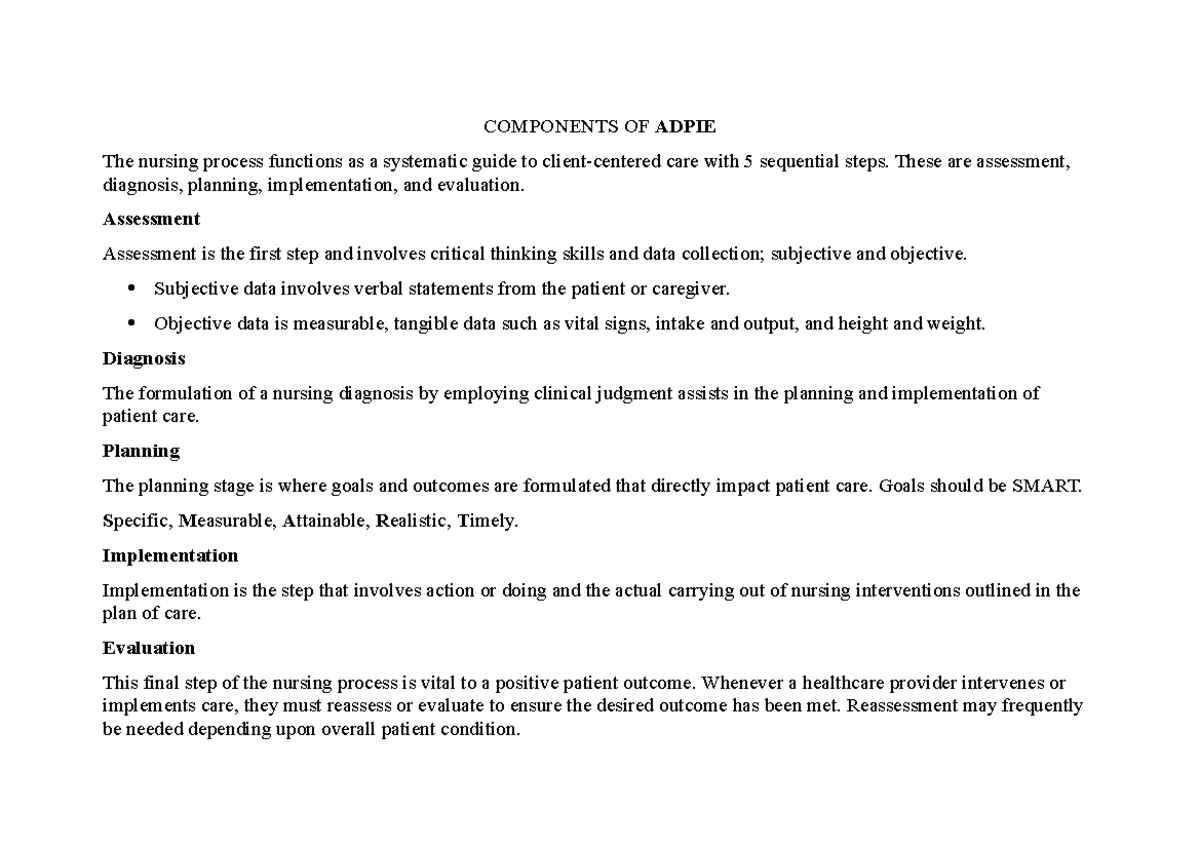 Components OF Adpie - 2022-2023 - COMPONENTS OF ADPIE The nursing ...