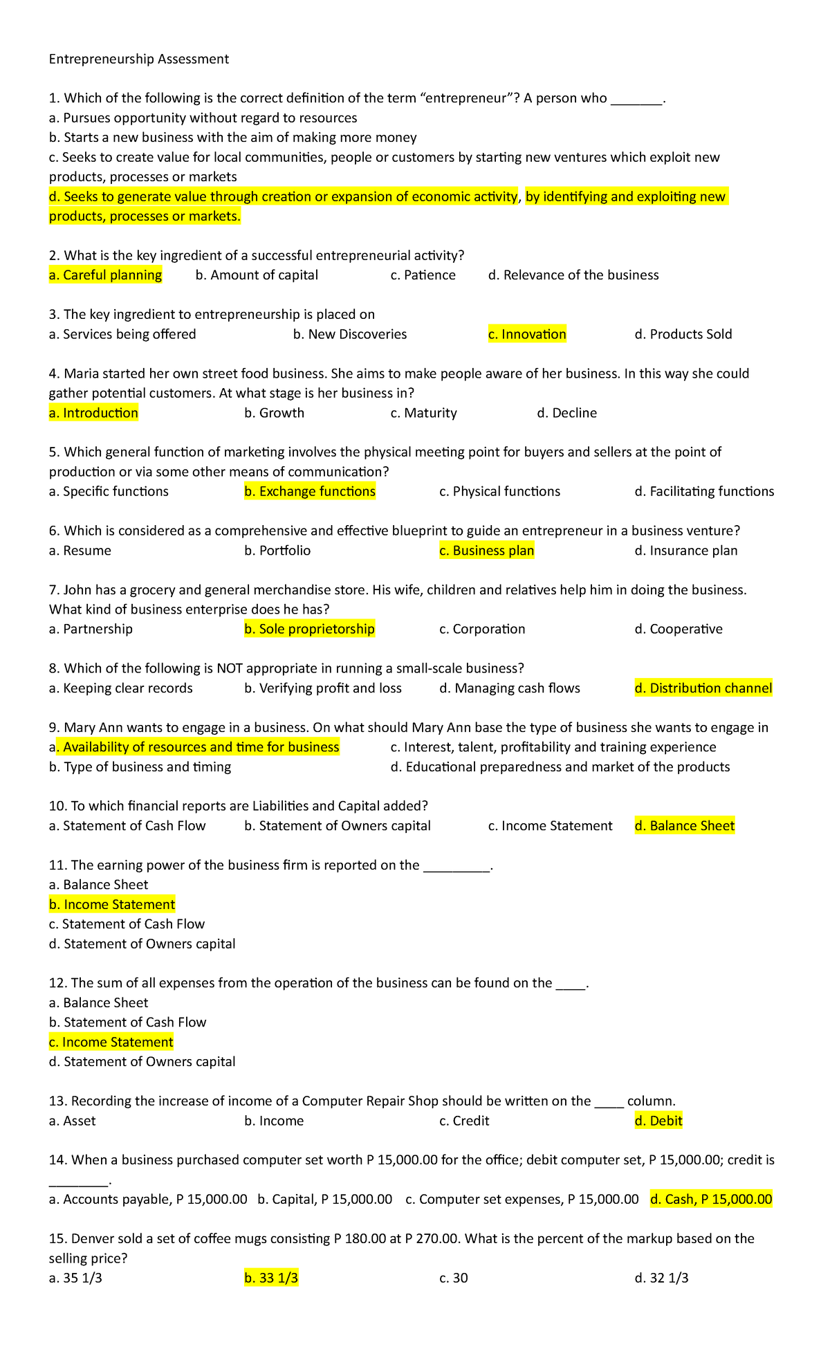 Entrepreneurship-Assessment - Entrepreneurship Assessment Which of the ...