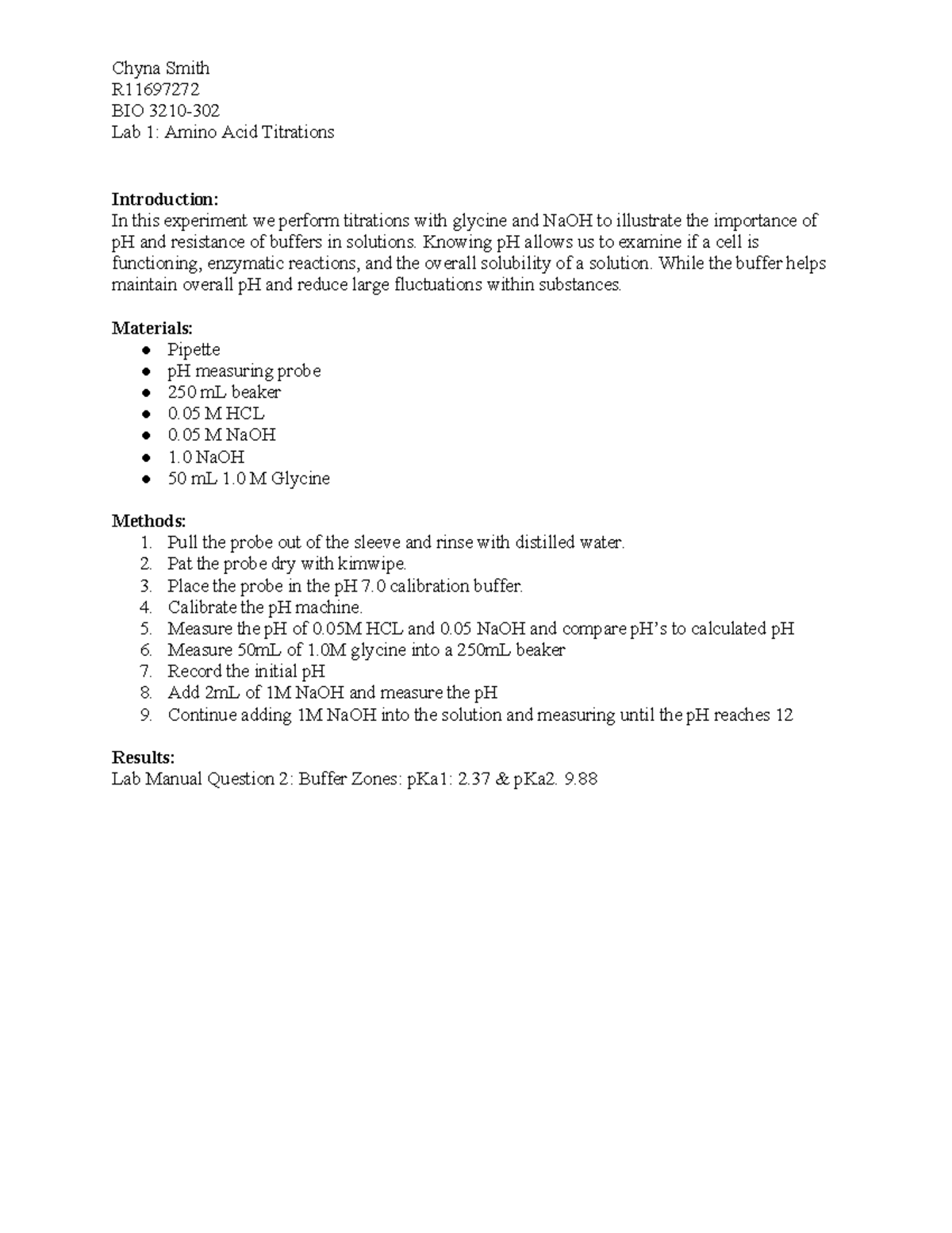 BIOL3120 302 Smith Chyna Lab1 - Chyna Smith R BIO 3210- Lab 1: Amino ...