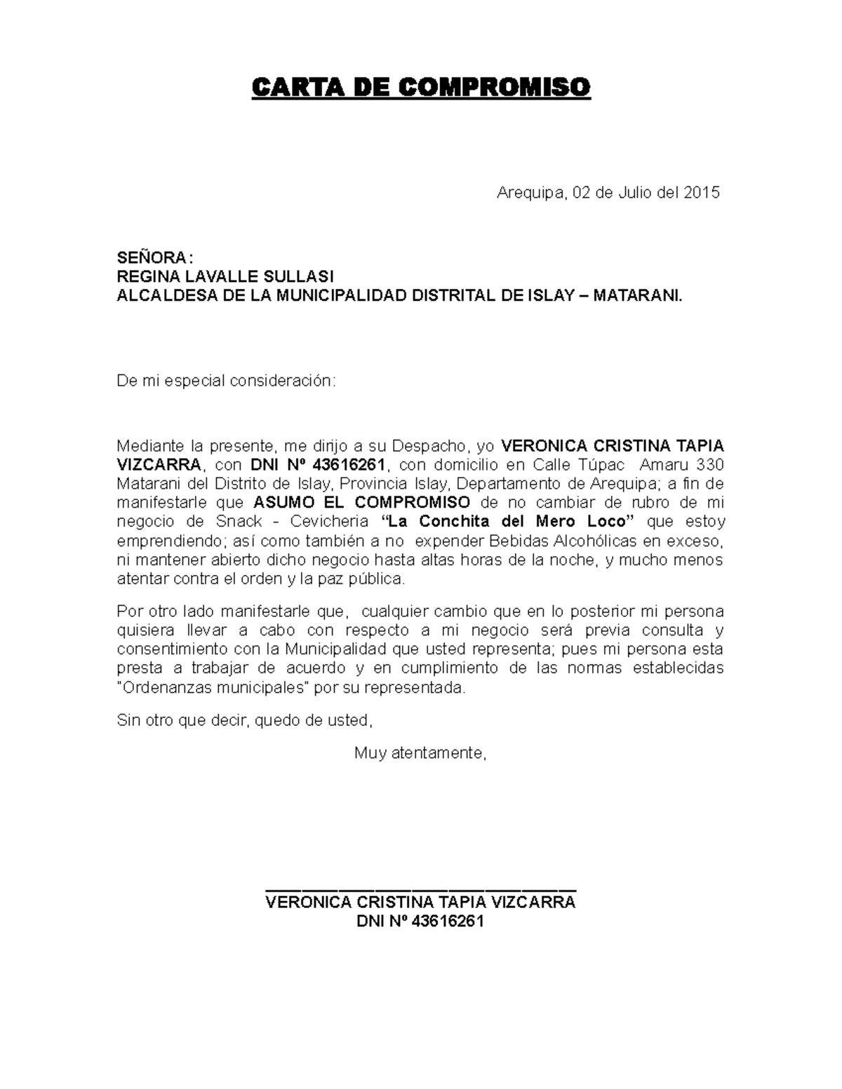 Modelo de Carta DE Compromiso - CARTA DE COMPROMISO Arequipa, 02 de ...