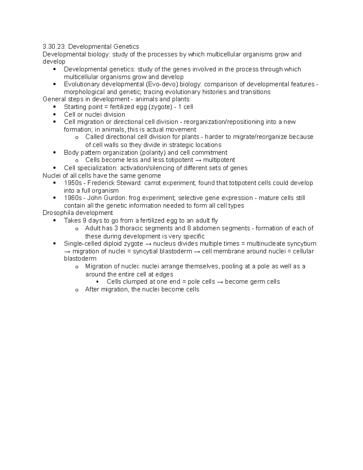 Week 12 lectures - Notes on developmental genetics - 3.30 ...