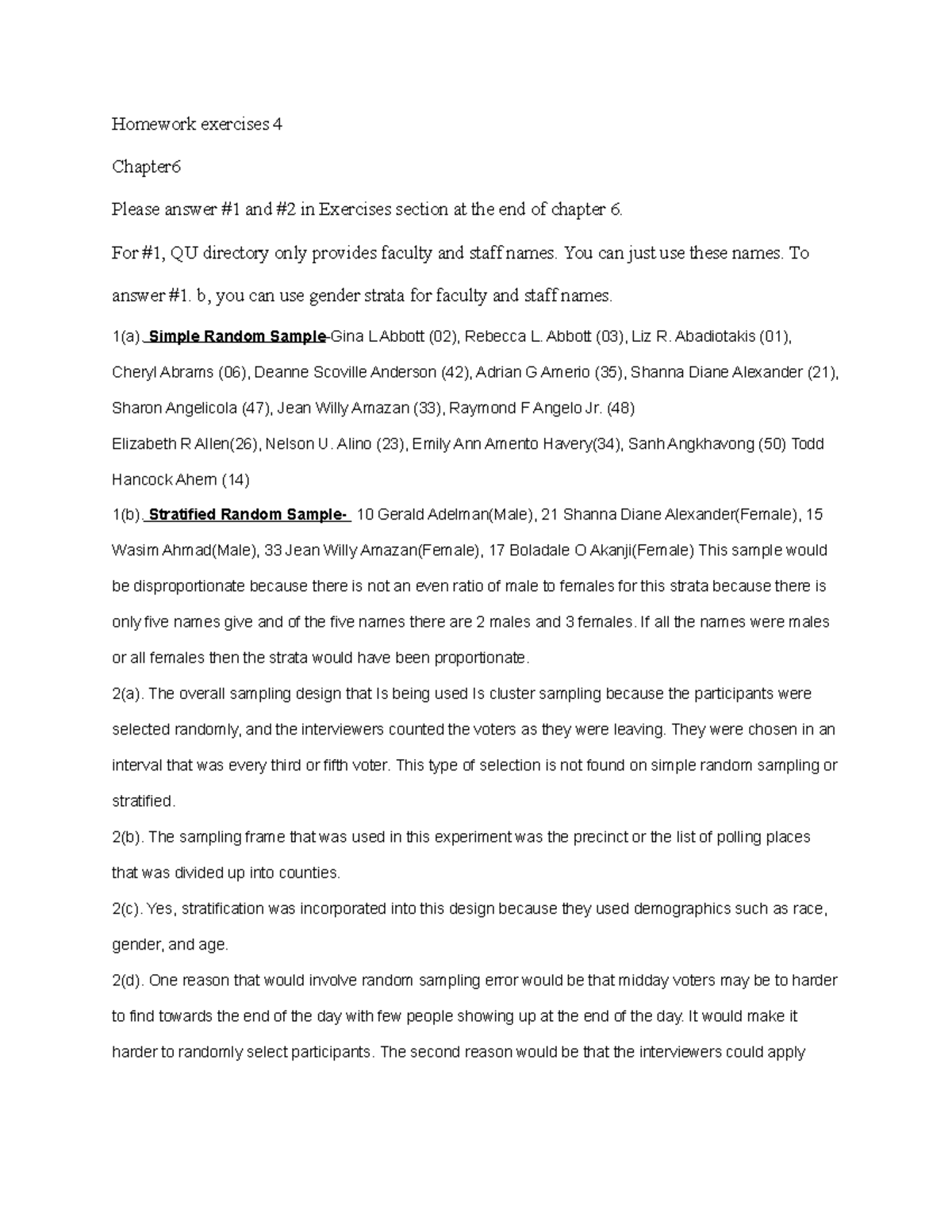 Homework Exercises 4- Qiana Torres - Homework exercises 4 Chapter ...