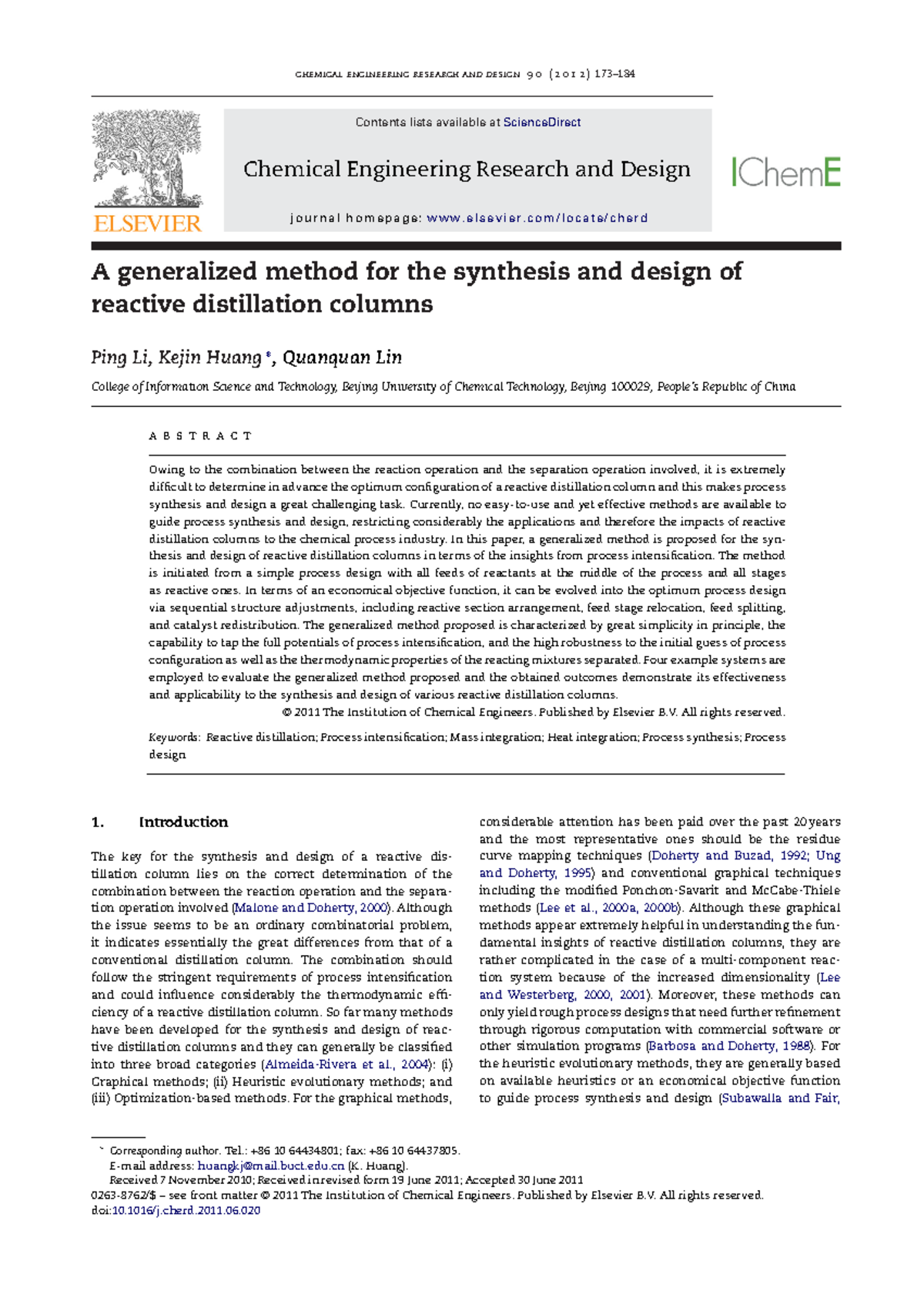 A generalized method for the synthesis and design of reactive distillation columns - Contents ...