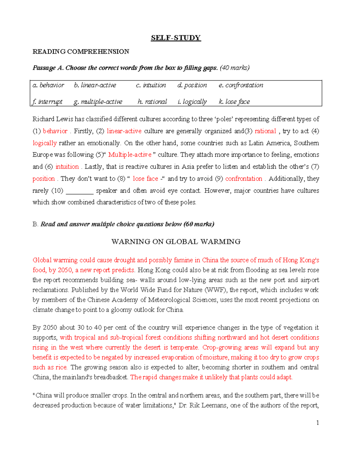 Nguyễn Thị Phương Lan 23DH120880 - SELF-STUDY READING COMPREHENSION ...