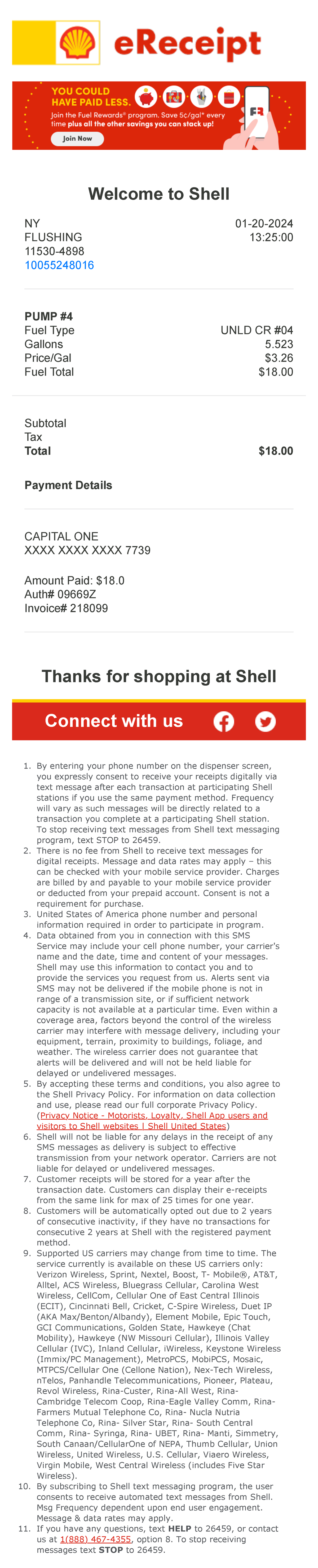 Shell Non-member e Receipt FR - Welcome to Shell NY 01-20- FLUSHING 13: ...