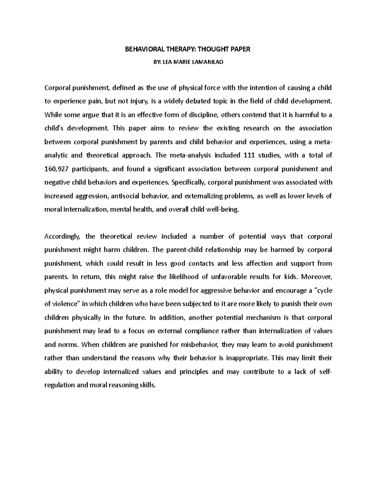 Behavioral Therapy - BEHAVIORAL THERAPY: THOUGHT PAPER BY: LEA MARIE ...